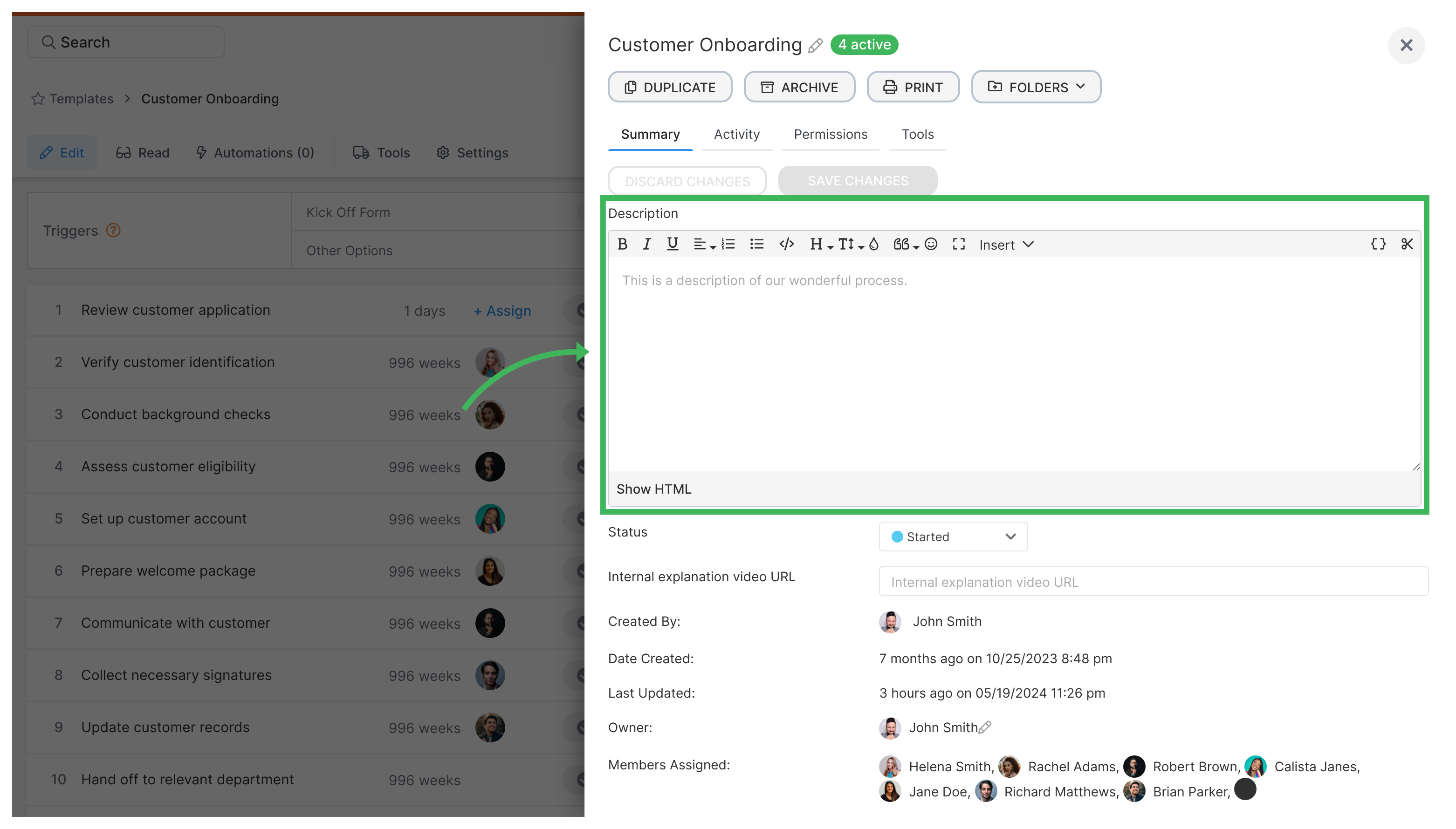 Tallyfy Pro · Add a description to a template