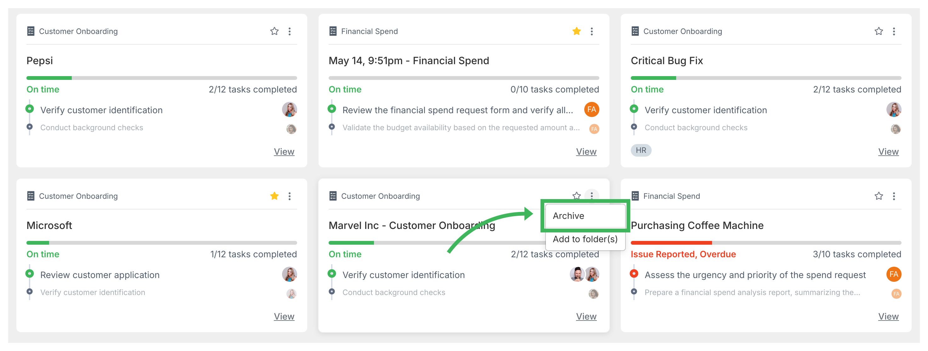 Archive and unarchive processes in Tracker view · Tallyfy Pro