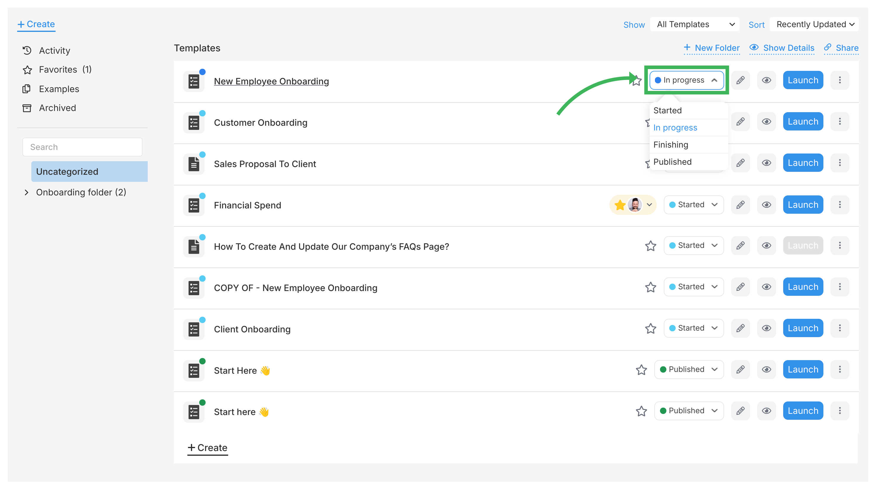 Change a template's status · Tallyfy Pro