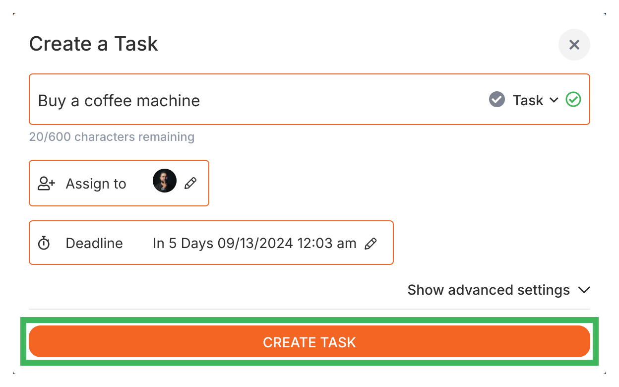 Create a one-off task · Tallyfy Pro